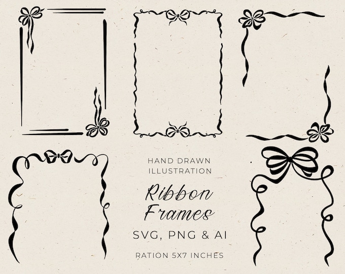 Hand Drawn Wedding Frame Clipart in SVG, Wavy Border With Bow in PNG ...