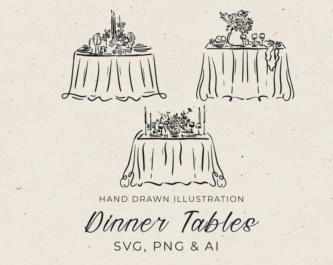 Hand Drawn Dinner Table Illustrations for Wedding Invitation in SVG, Whimsical Rehearsal Dinner ...
