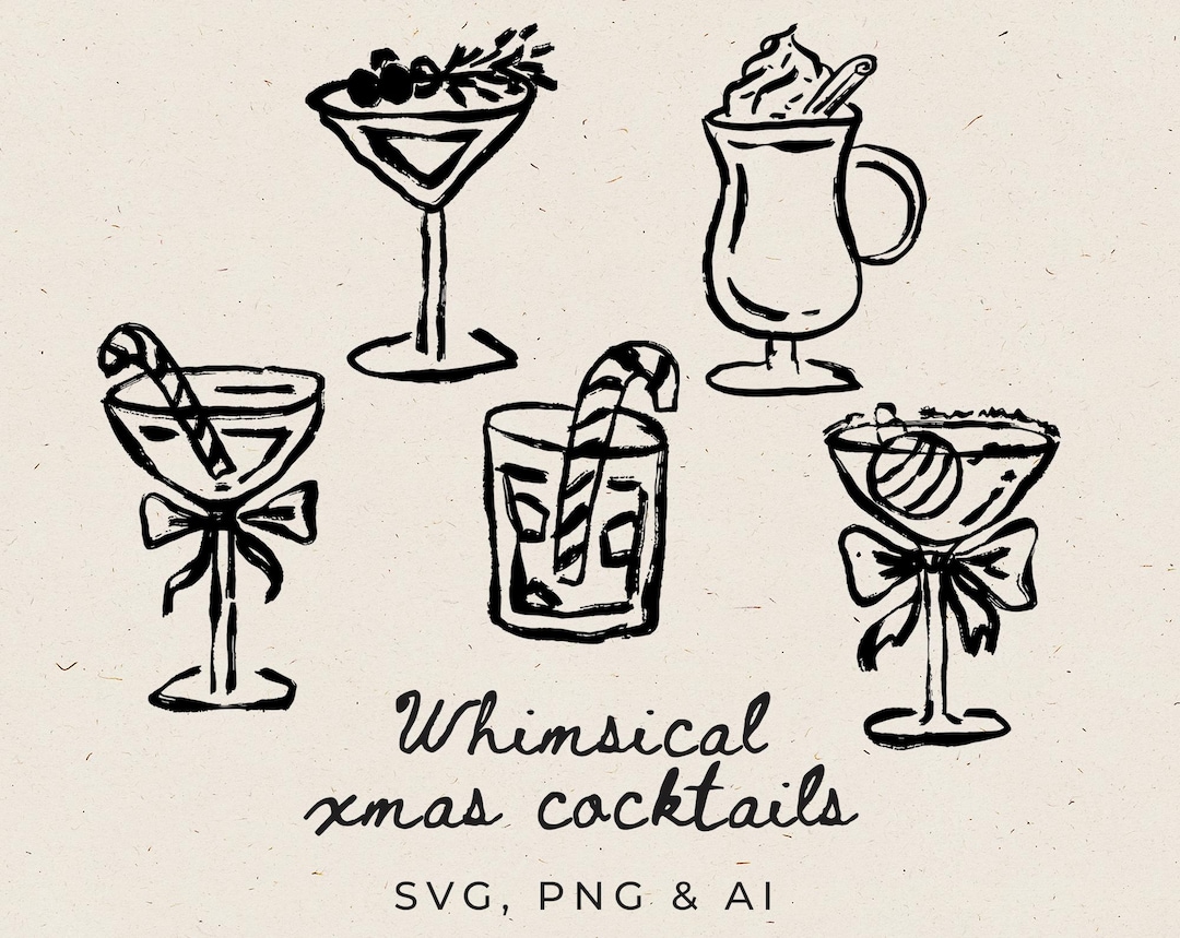 Hand Drawn Whimsical Christmas Cocktails in SVG, Winter Holiday ...