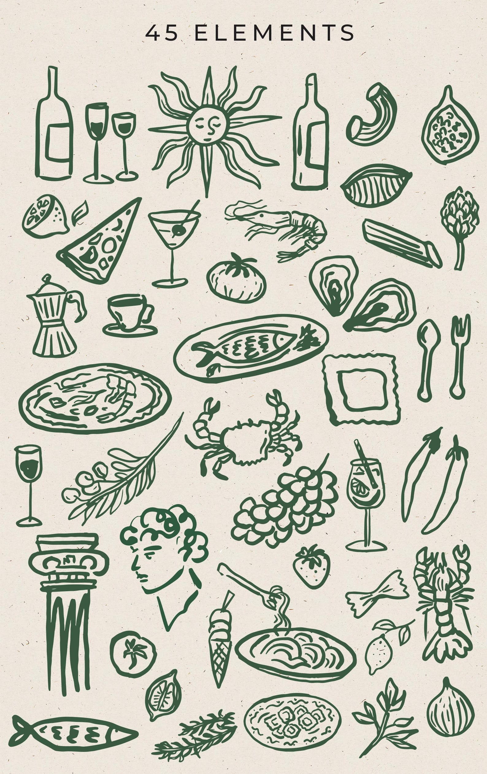 Hand Drawn Mediterranean Food Doodle Bundle in Whimsical Style, Greeceб ...
