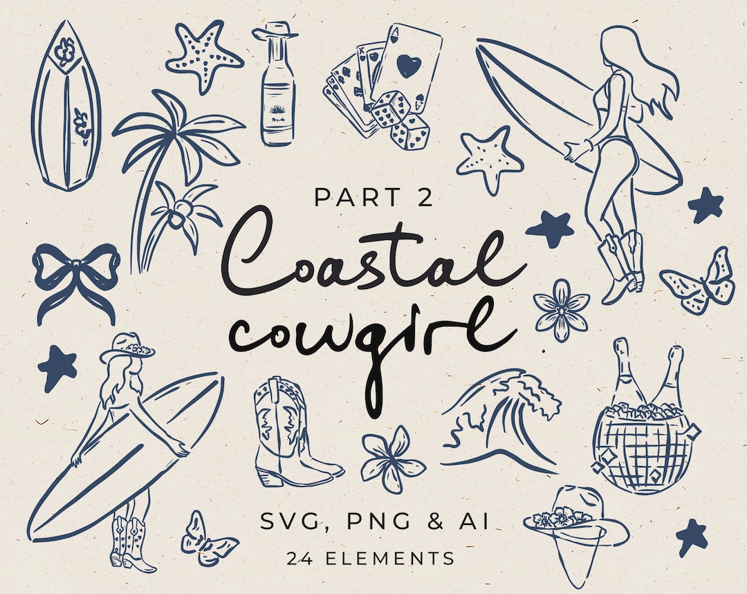 Hand Drawn Coastal Cowgirl Clipart in SVG, Beach Club Bach Template ...