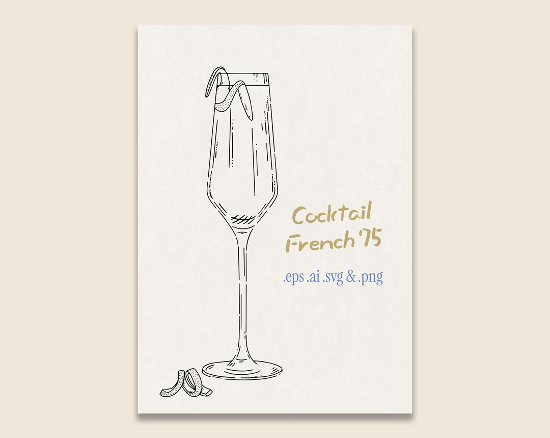 French 75 Cocktail Drawing Illustration in SVG, Cocktail Wall Art Print ...