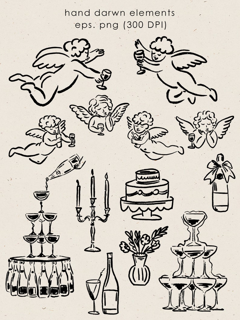 Hand Drawn Whimsical Wedding Bundle, Wedding Illustration Icons for ...