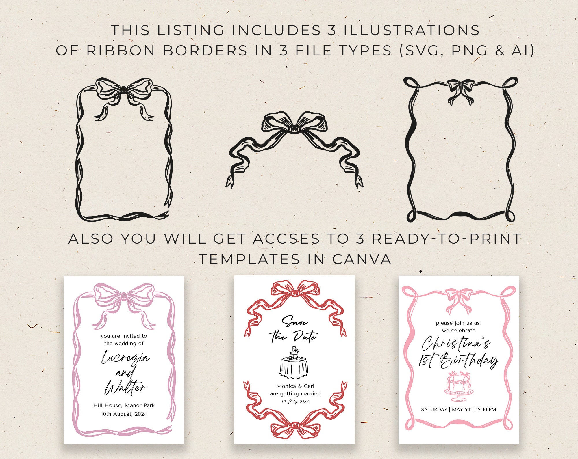 Hand Drawn Wedding Ribbon Border With Bow Clipart in SVG, Editable in ...