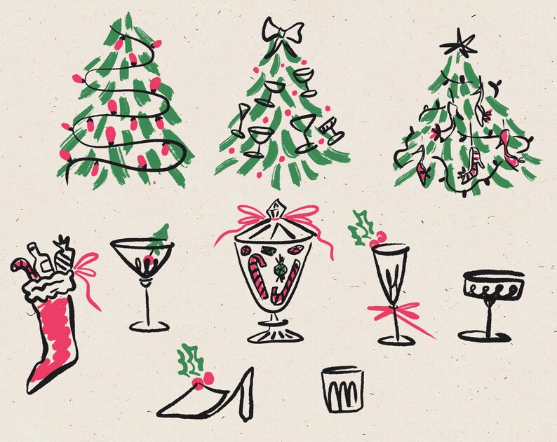 Whimsical Christmas Cocktail Clipart, Hand Drawn Illustration of ...