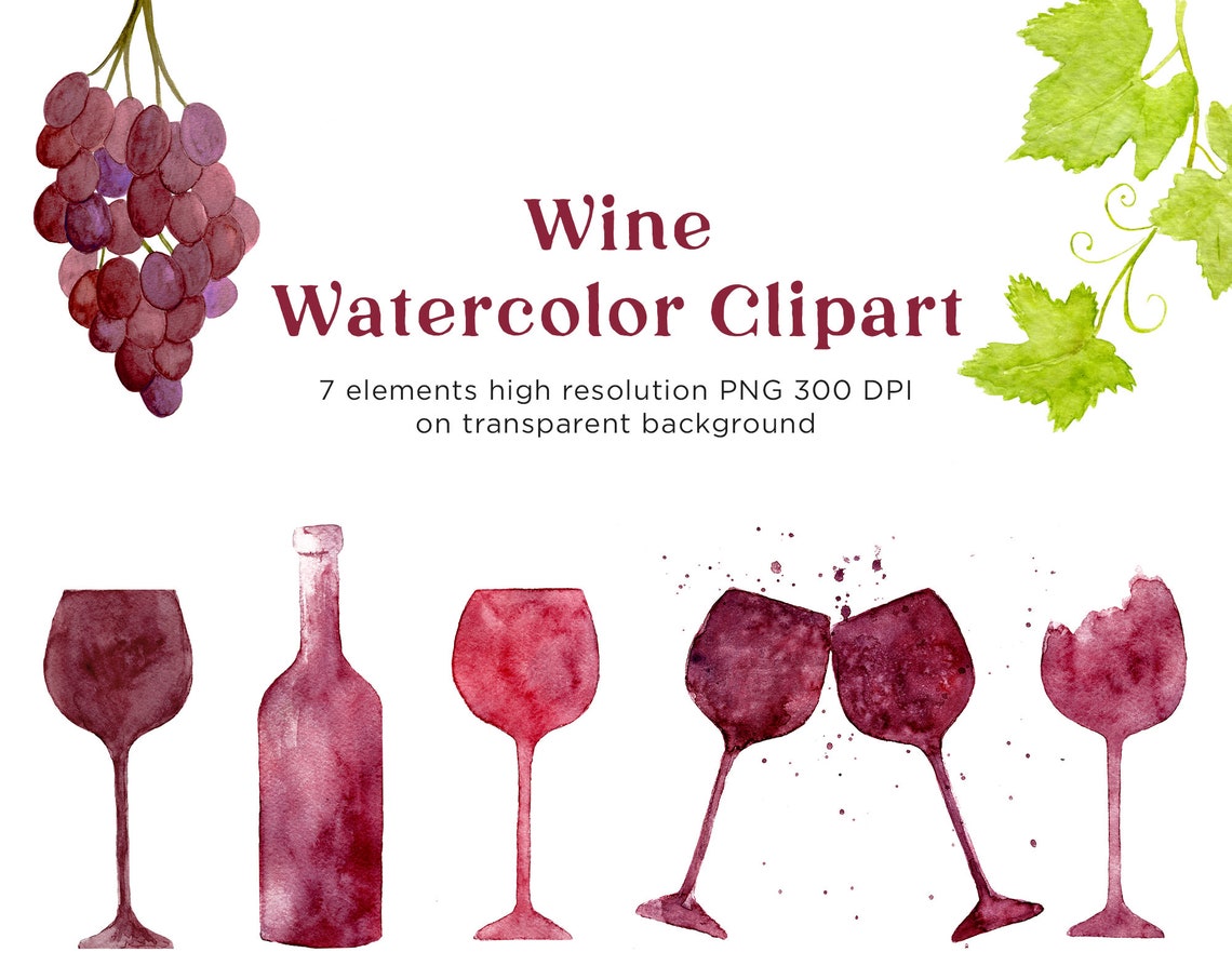 Wine Watercolor Clipart Wine Bottle & Glasses PNG Files Watercolor Wine ...