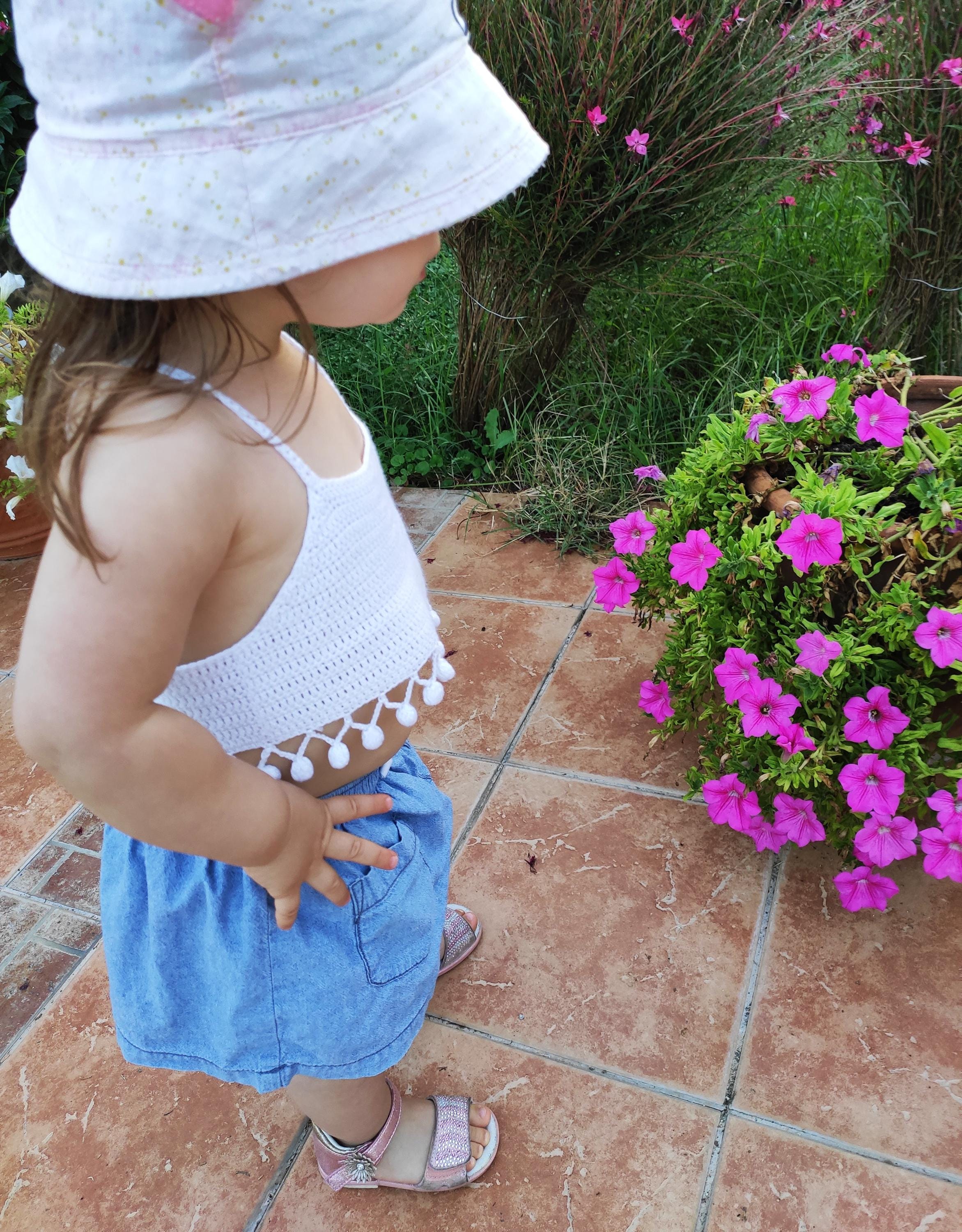 Crochet White Baby Girl Crop Top With Bobbles Girl's Boho Summer Pompom ...