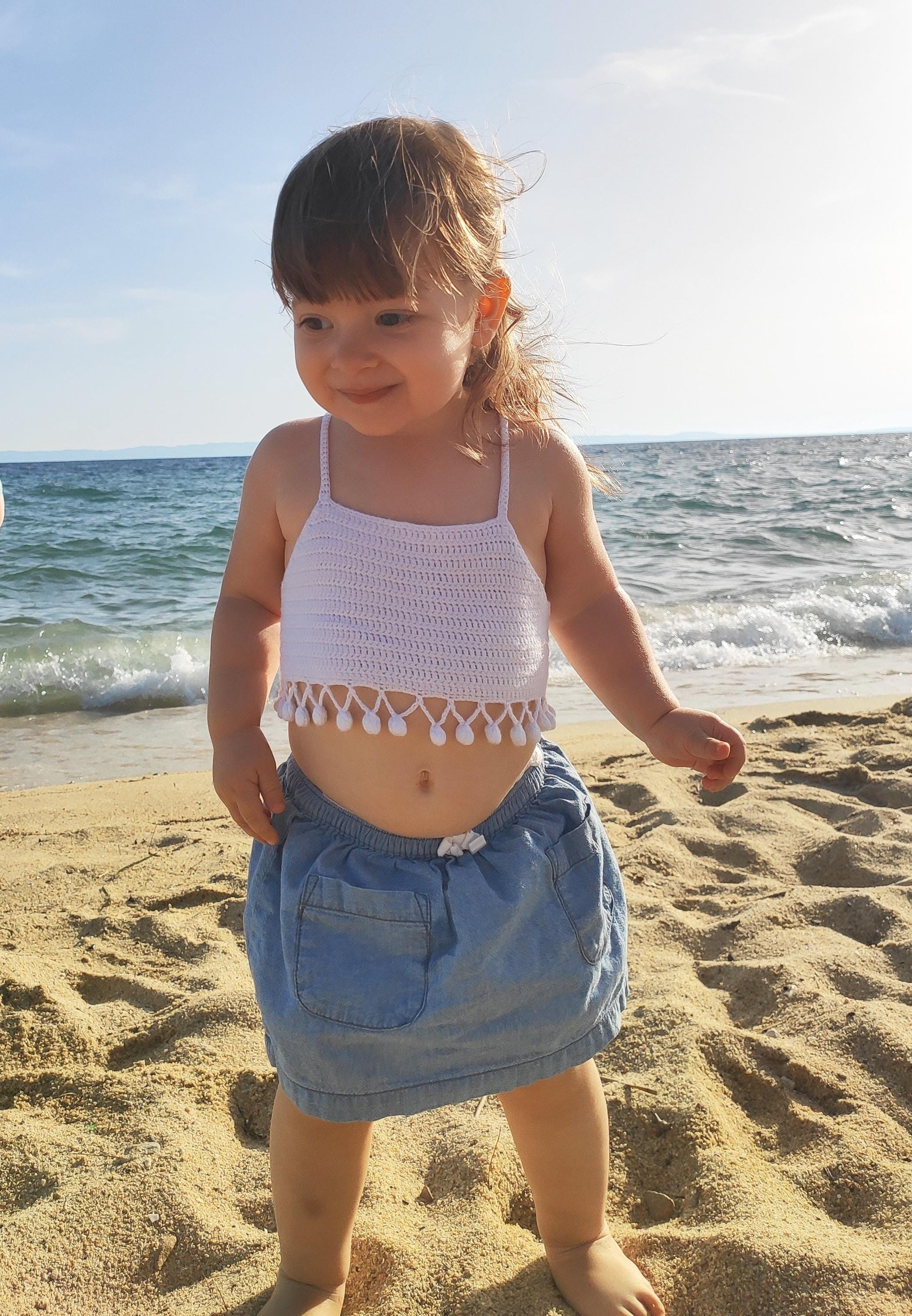 Crochet White Baby Girl Crop Top With Bobbles Girl's Boho Summer Pompom ...