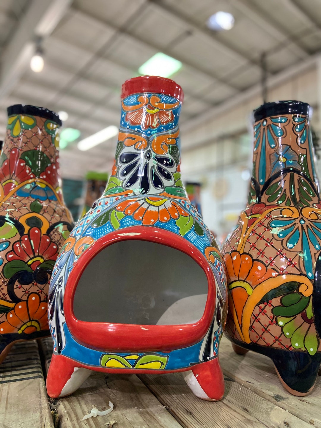 19” Tall Talavera Chimenea, Small Fire Pit, Mexican Pottery, Outdoor ...