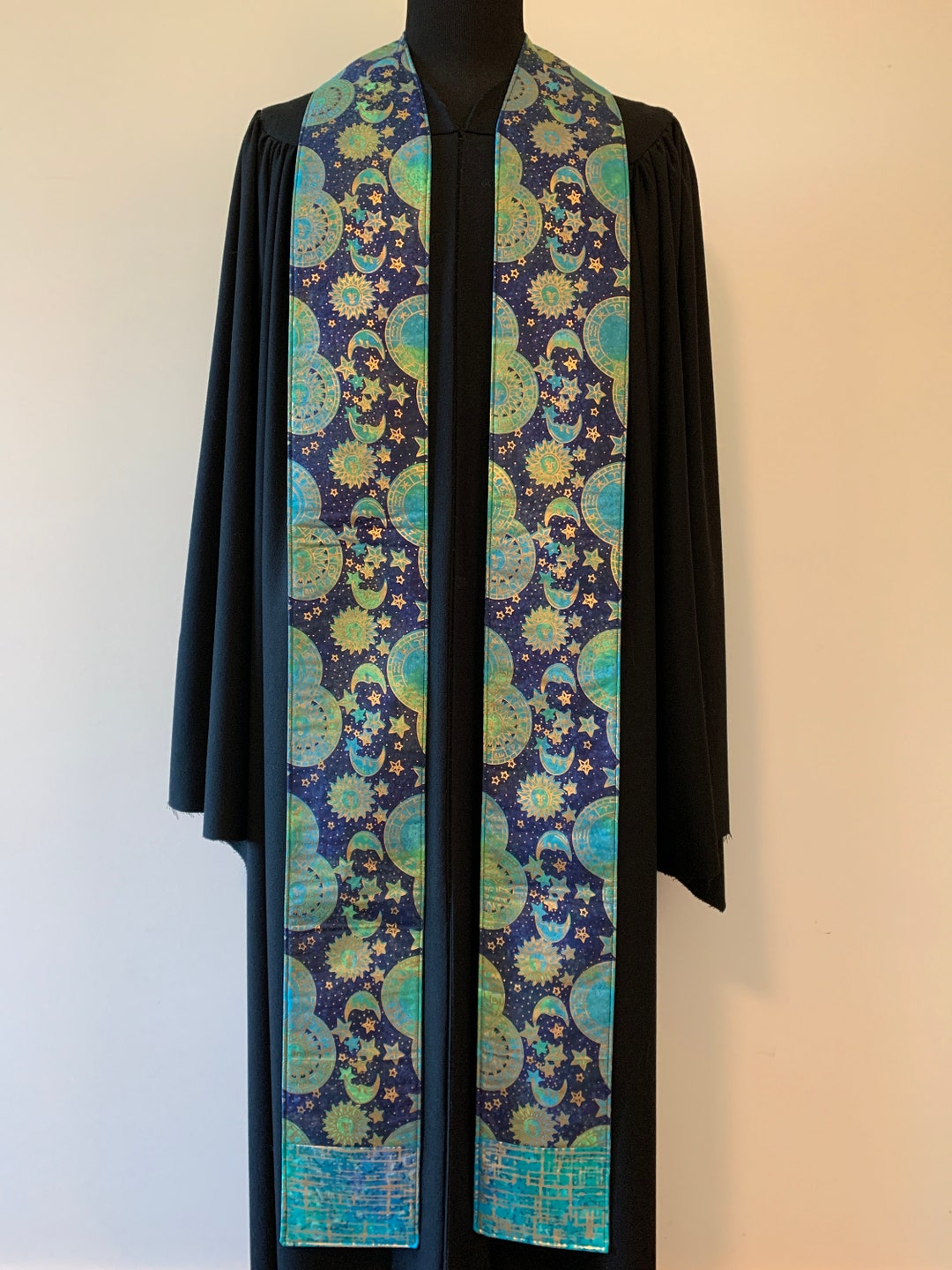 Sun, Moon and Stars Clergy Stole, Reversible Aqua and Blue Batik Stole ...