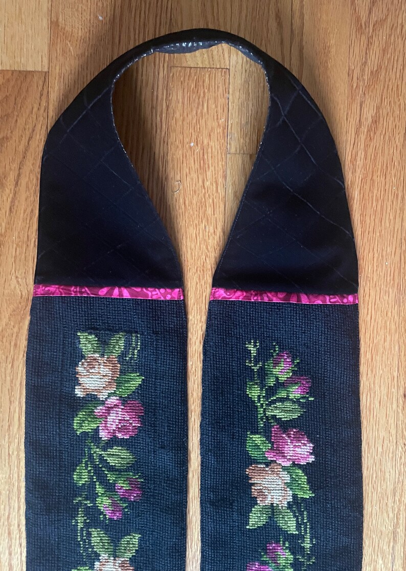 Needlepoint Roses on Black Stole, Reversible Black and Silver Weave ...