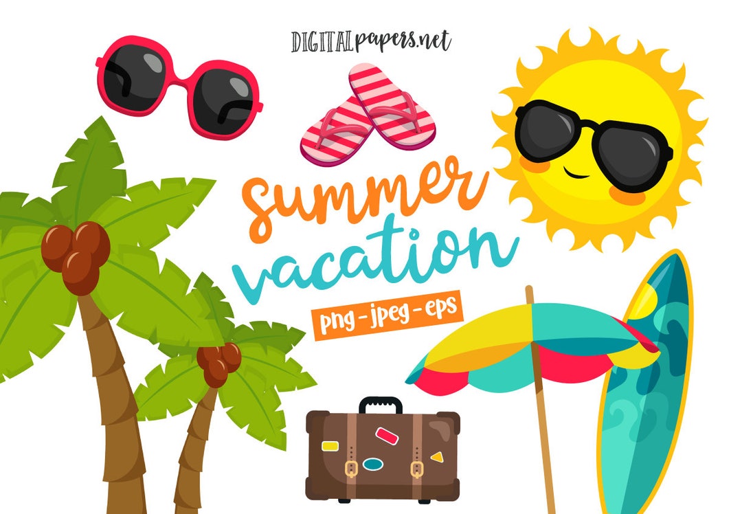Summer Vacation Clipart, Sun, Beach Clipart, Surf Clipart, Palm Tree ...