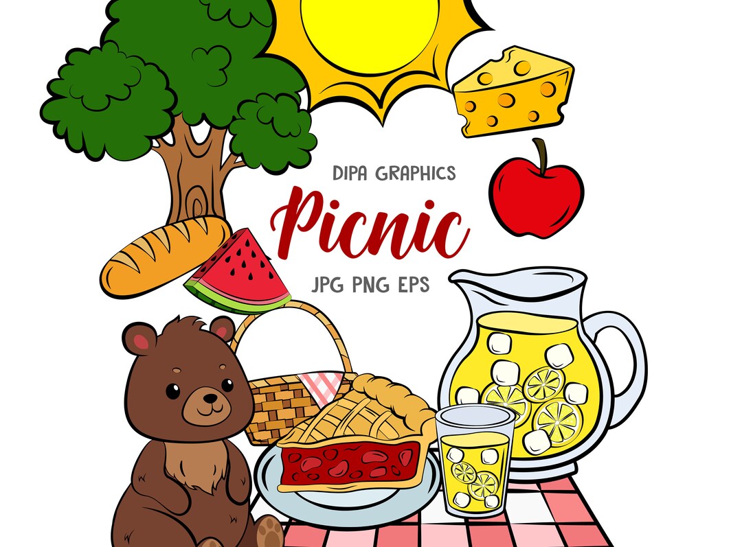 Picnic Clipart, Bear, Apple, Bread, Sun Graphics, Garden Party, PNG ...