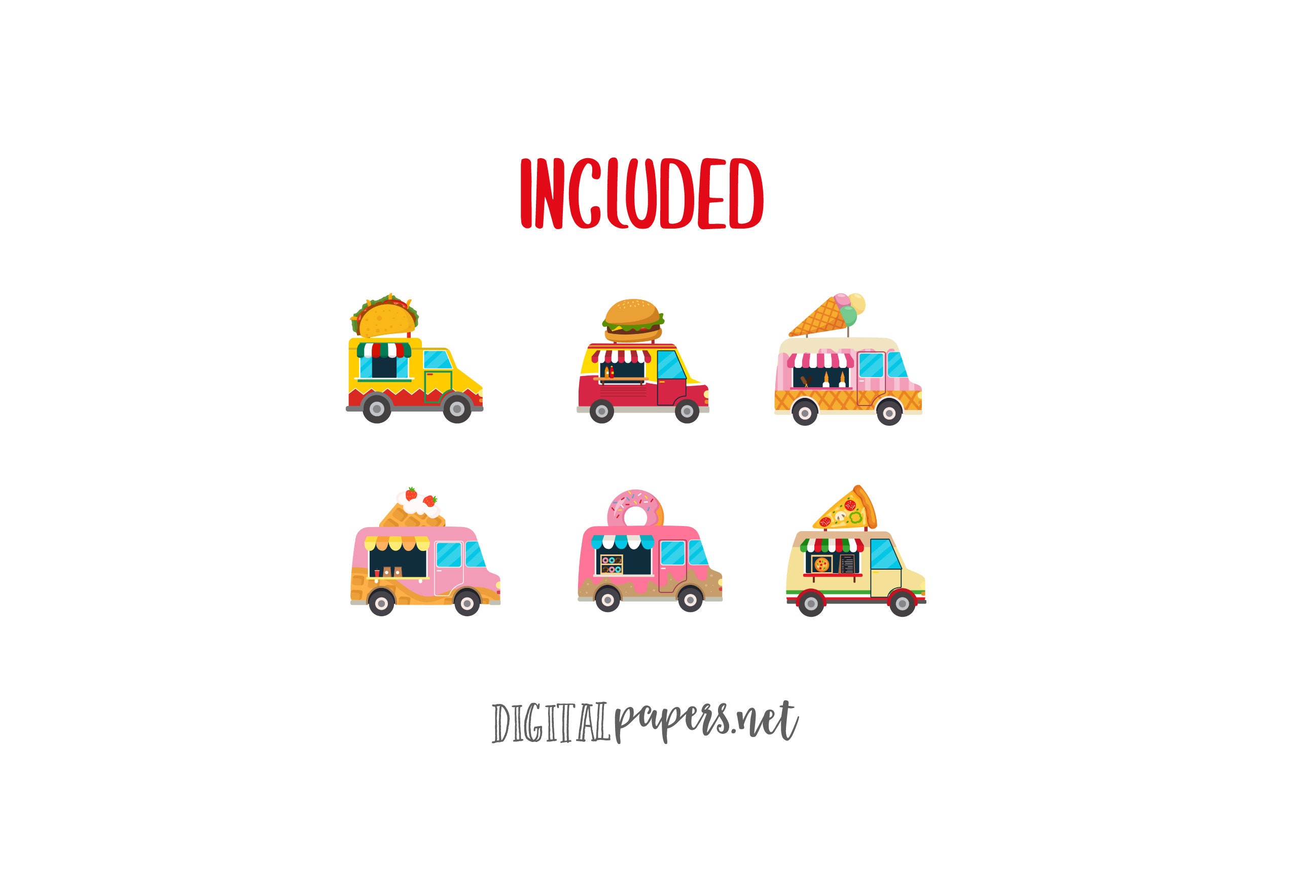 Food Truck Clipart: Donut, Pizza, Burger, Taco, Ice Cream (instant ...
