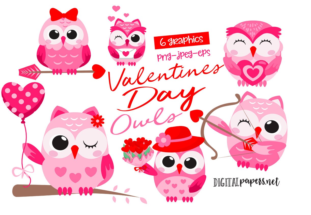 Valentine's Day Owls Owl Clipart Valentines Day Clipart | Etsy