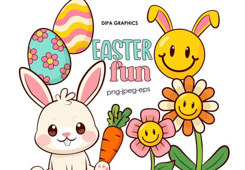 Retro Easter Clipart: Bunny, Smiley Faces, Eggs (PNG, JPEG, EPS) - Etsy