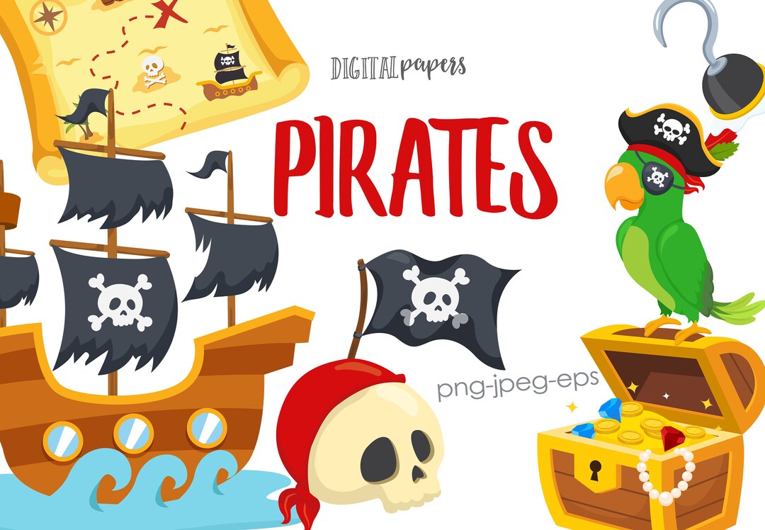 Pirate Clipart, Pirate Ship Clipart, Vector, Treasure, Parrot, Skull ...
