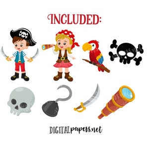 Pirate Clipart Set: Birthday Party, Map, Ship (PNG, EPS, JPEG) (instant ...