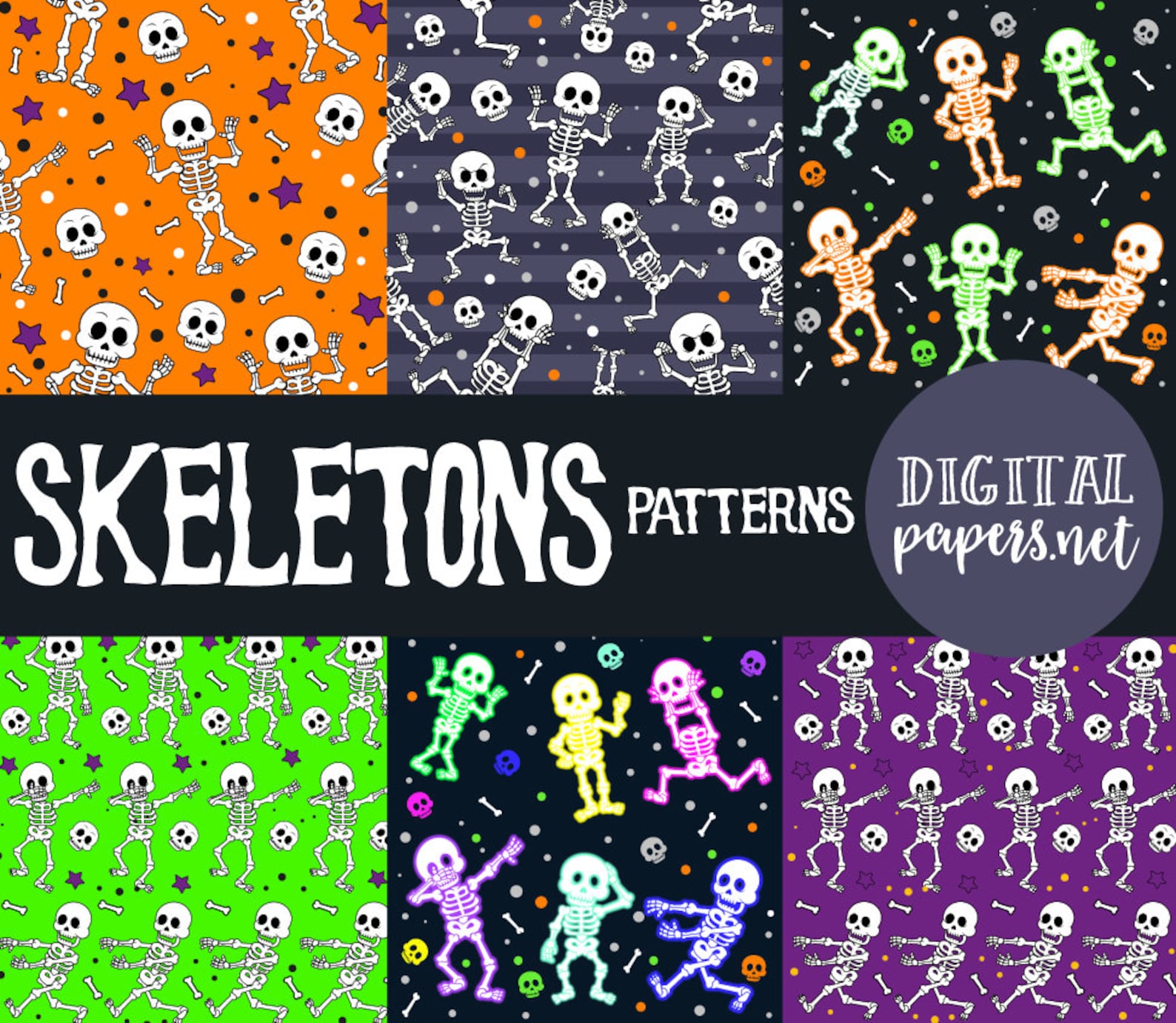 Halloween Skeleton Digital Paper: Dancing Skeletons Clip Art (digital ...
