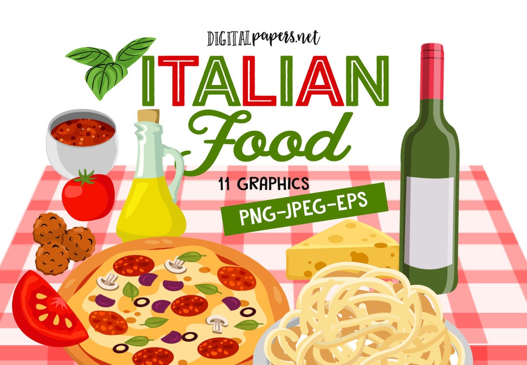 Italian Food Clipart, Pizza Clipart, Spaghetti, Wine Bottle, Trattoria ...