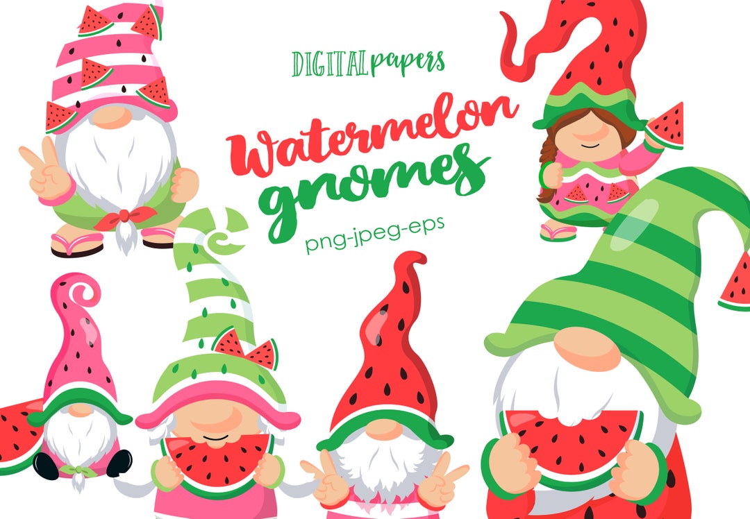 Watermelon Gnome Clipart: Summer Garden Illustration (PNG, JPEG, EPS ...