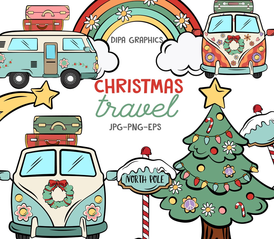 Christmas Retro Van Hippie Clipart, Rainbow, Sign, Christmas Tree ...
