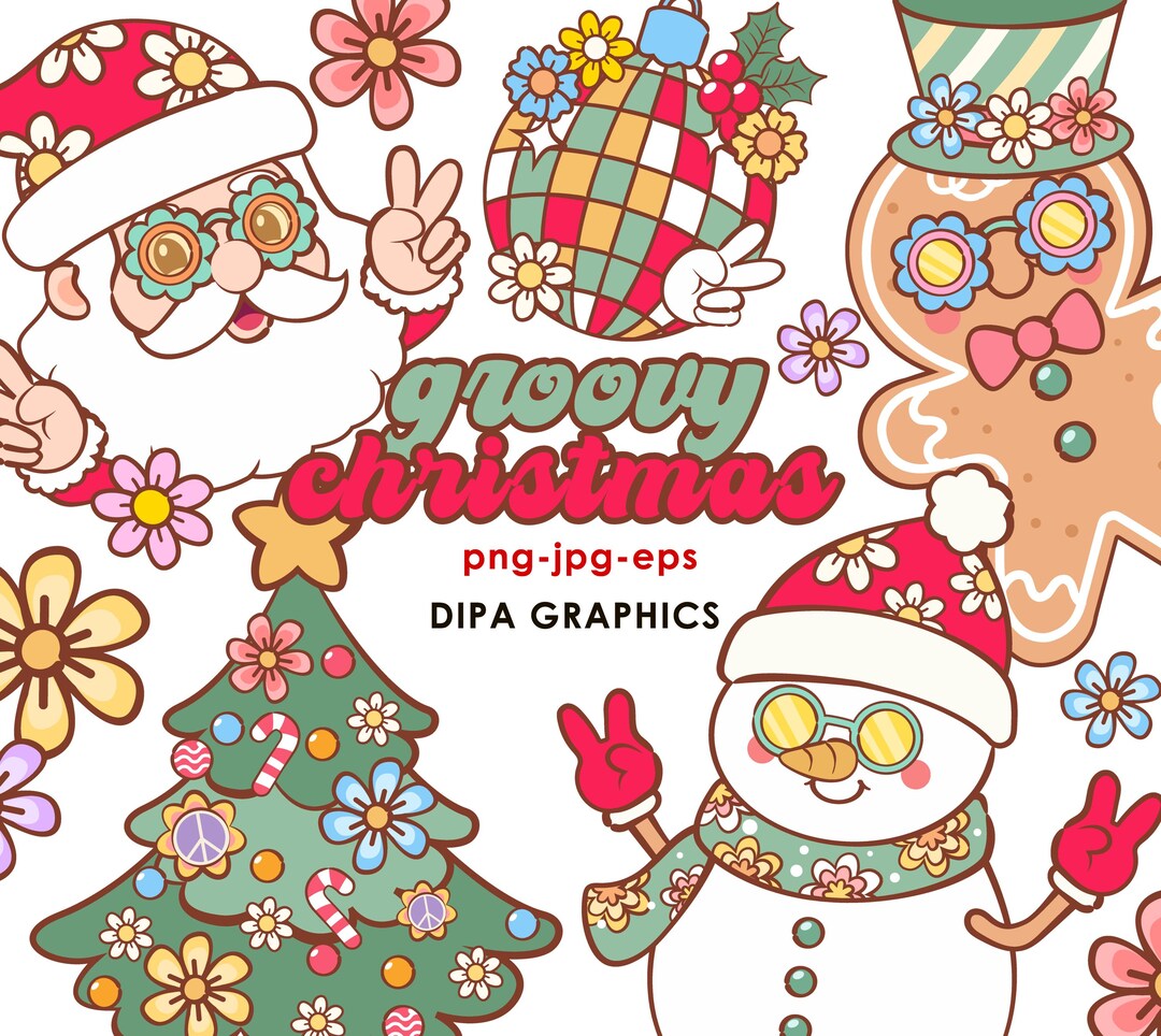 Retro Christmas Clipart: Groovy Holiday Graphics (PNG, JPEG, EPS) - Etsy