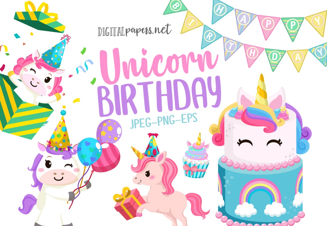 Birthday Clipart, Unicorn Clipart, Unicorn Birthday Party, Unicorn Cake ...