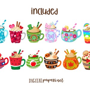 A Year of Mugs Clipart, Hot Cocoa Clipart, Coffee Mug Clipart, Beverage ...