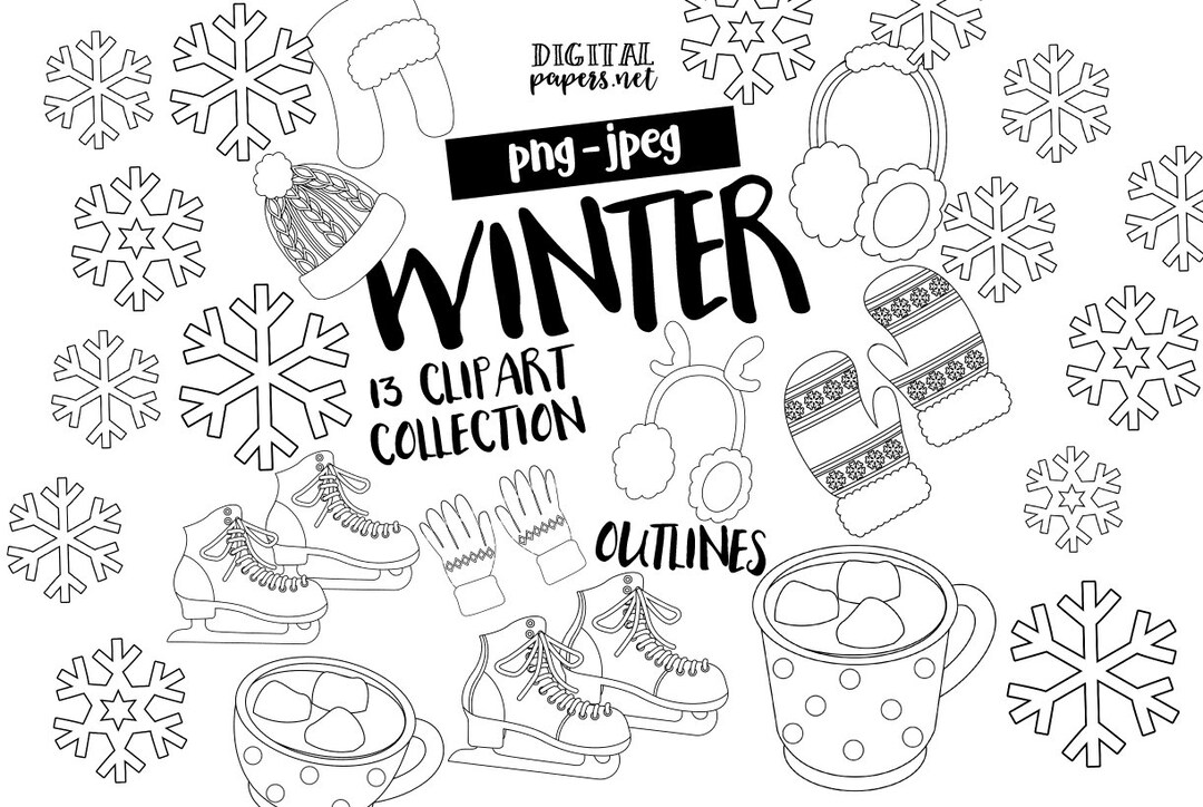 Winter Outlines Clipart: Snowflakes, Cocoa, Skates (instant Download ...