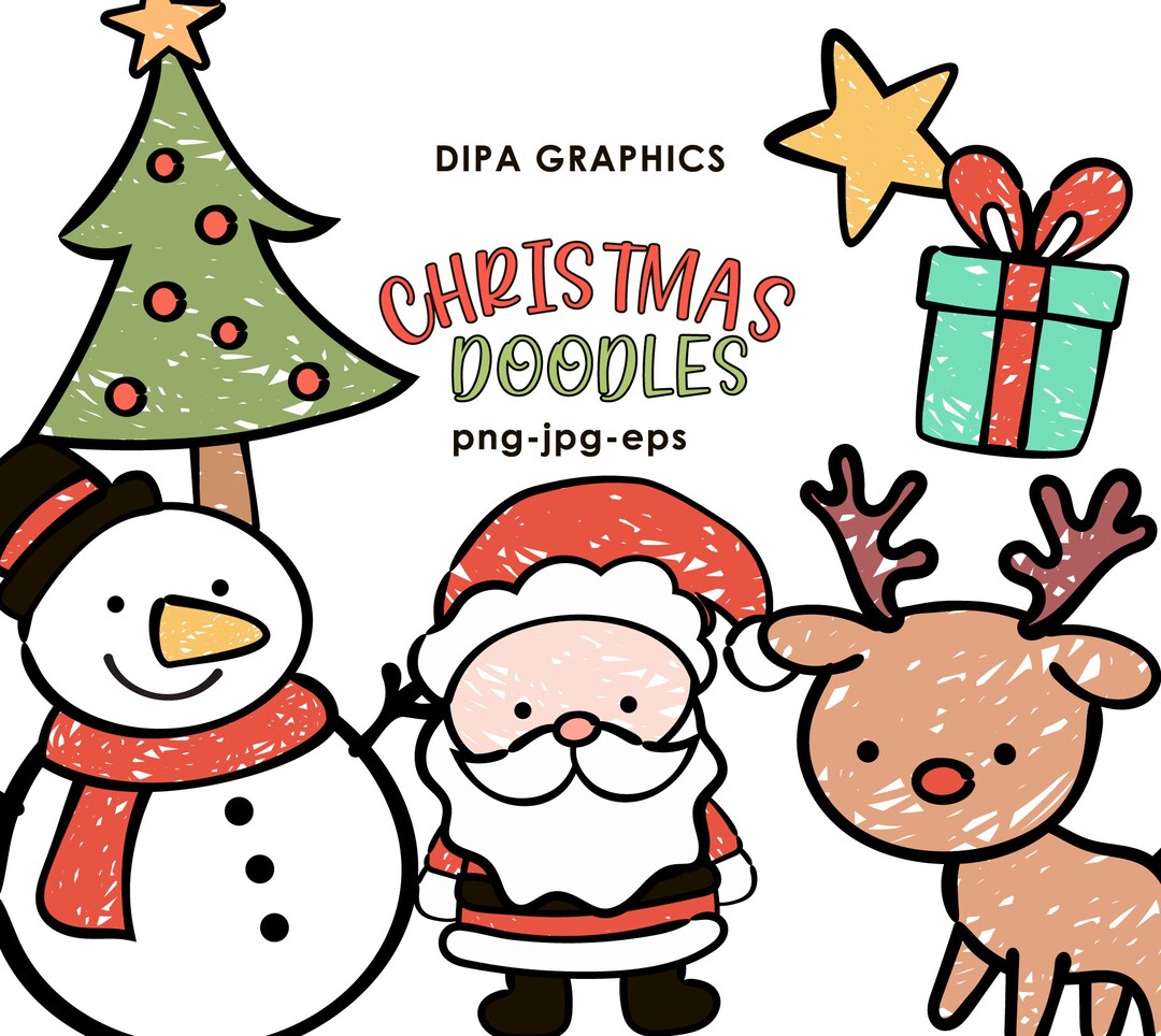 Christmas Doodles Clipart: Santa, Snowman, Reindeer (PNG, EPS, JPG ...