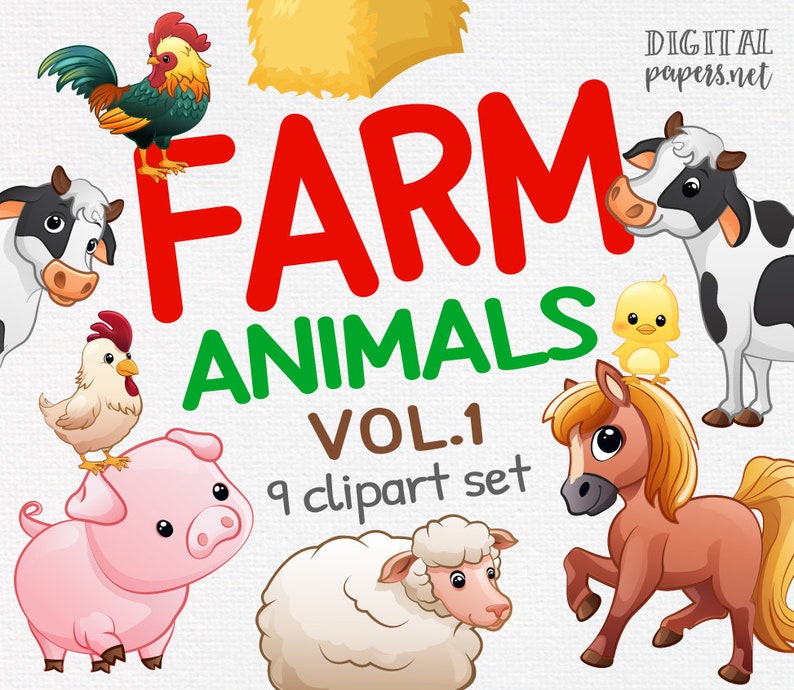 Farm Animals Clipart: Pig, Cow, Horse, Chicken (instant Download ...