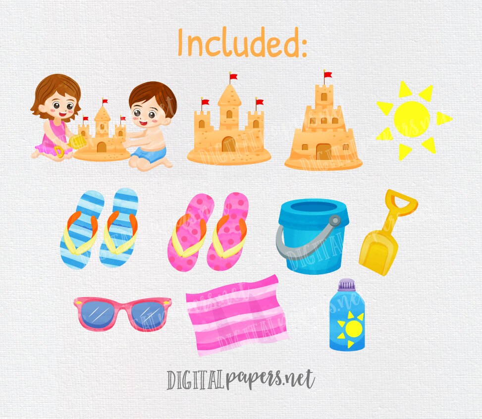 Beach Clipart: Sand Castle, Toys, Summer Graphics (PNG, JPEG, EPS) - Etsy
