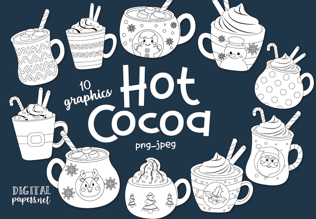Hot Chocolate Mug Outlines, Christmas Clipart, Hot Cocoa, Winter Clip ...