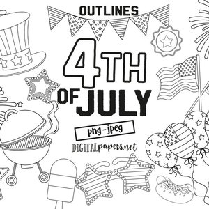 4th of July Outlines Clipart: Patriotic Digital Stamps (instant ...
