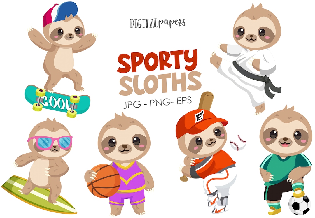 Sporty Sloth, Sloth Clipart, Sport Clipart, Surf, Basketball, Karate ...