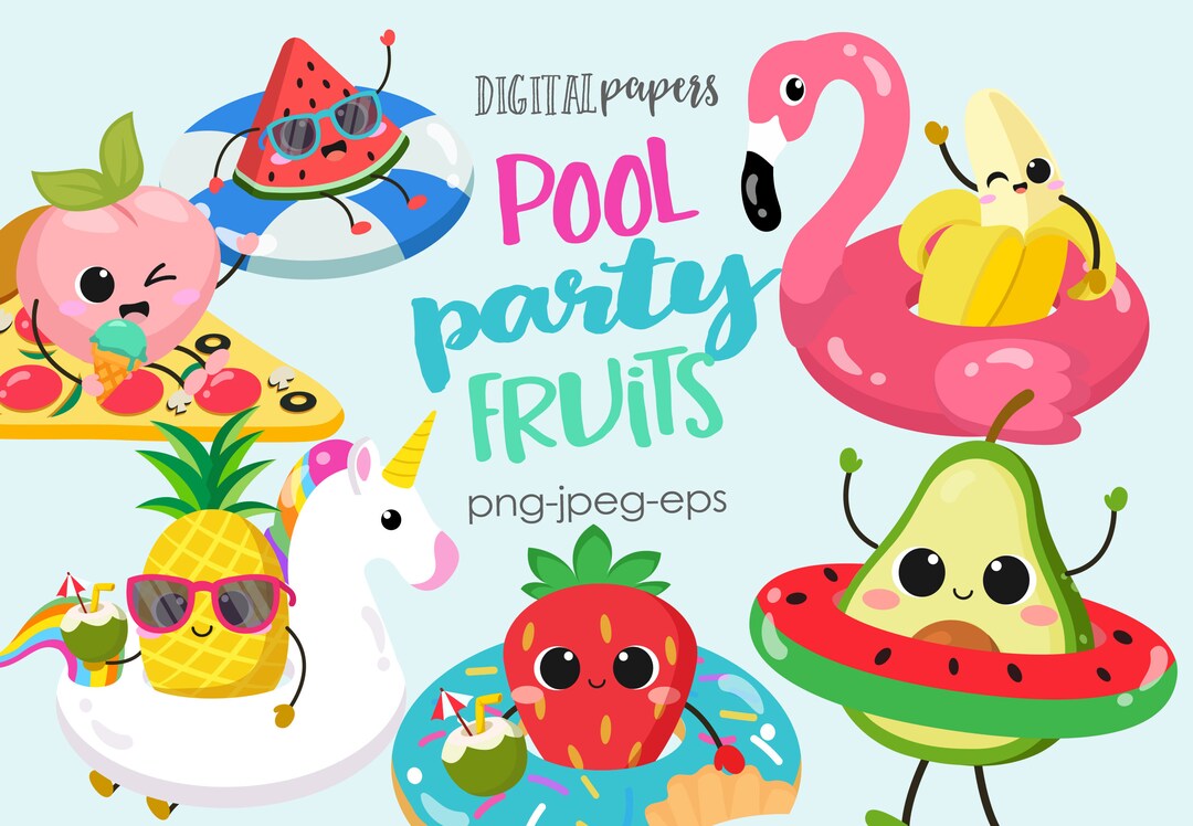 Pool Party Fruits, Float Clipart, Pool Party Clipart, Flamingo ...