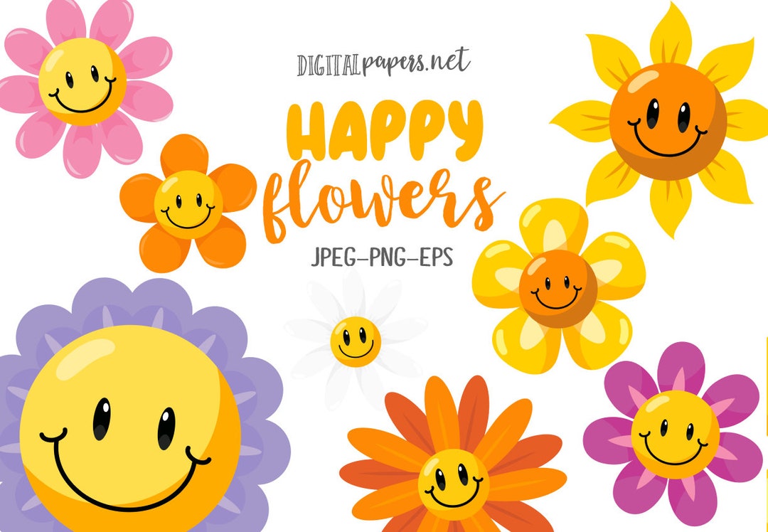 Happy Flowers Clipart, Groovy Flowers, Spring Clipart, Garden, Flower ...