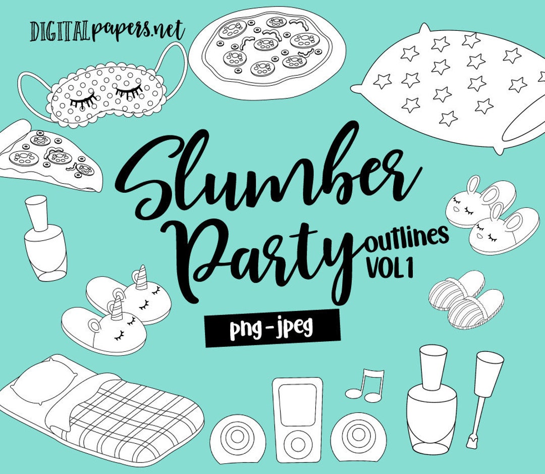 Slumber Party Clipart, Outlines Pajama Party, Sleepover Clip Art, PNG ...