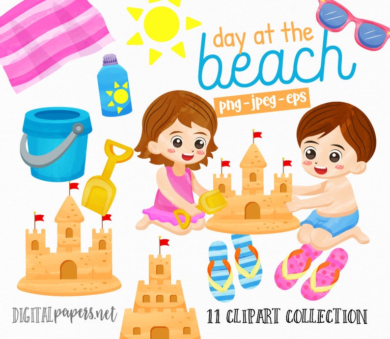 Beach Clipart: Sand Castle, Toys, Summer Graphics (PNG, JPEG, EPS) - Etsy