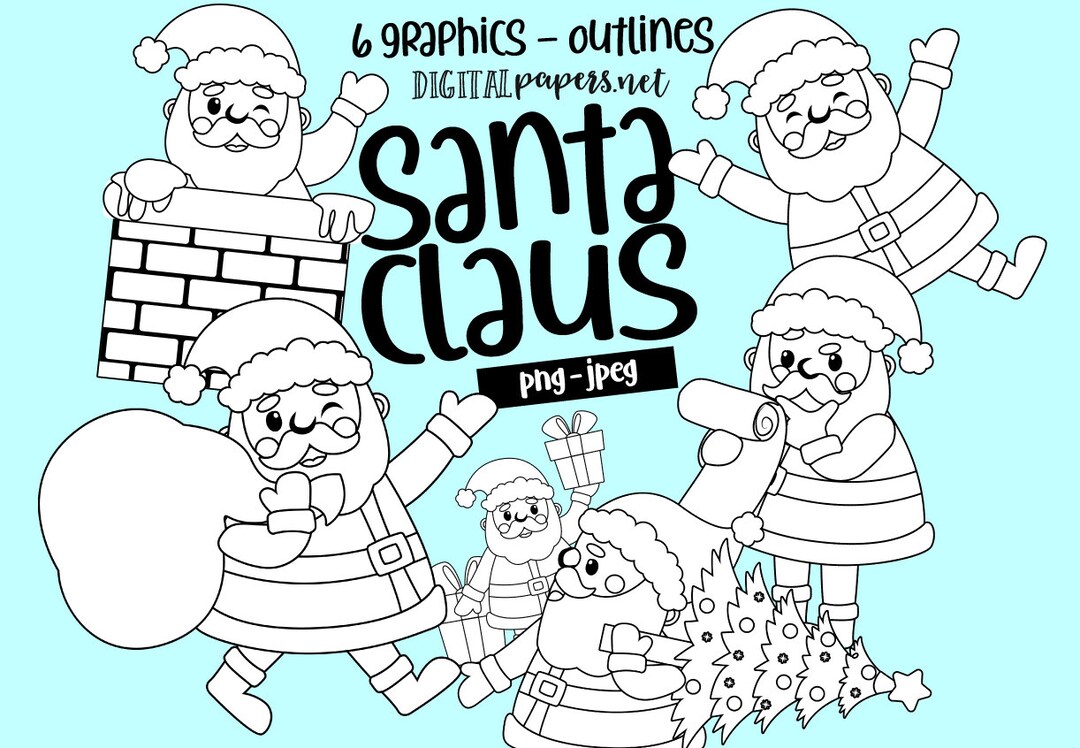 Santa Claus Outlines Clipart: Christmas Graphics (PNG, JPEG, Instant ...