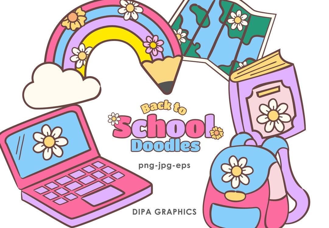 Back to School Groovy Doodles Clipart, Sublimation PNG, Vector, Pencil ...