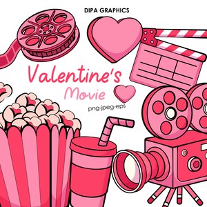 Valentine's Day Movie Clipart: Retro Popcorn, Film Reel (PNG, JPEG, EPS ...