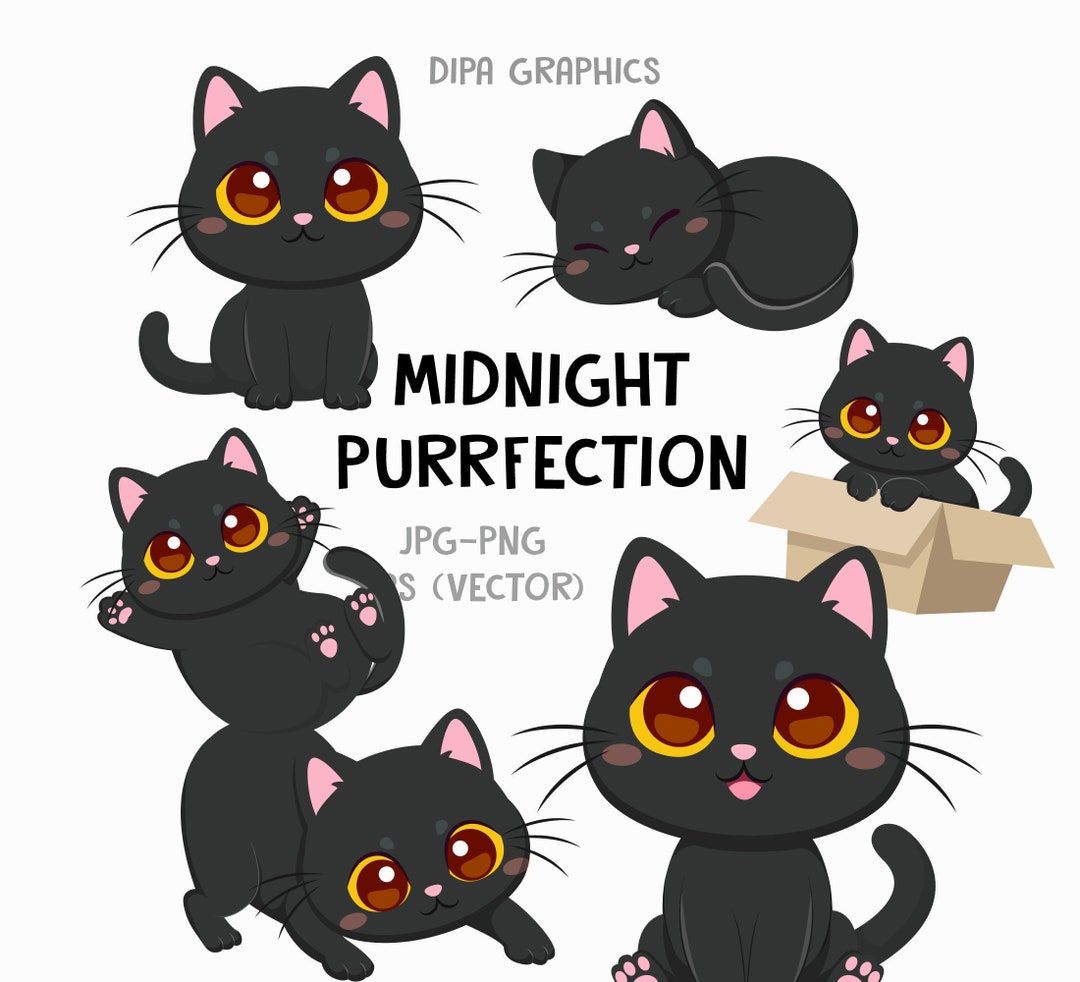 Cute Baby Black Kitten Clipart Set Instant Download in Jpg, Png and Eps ...