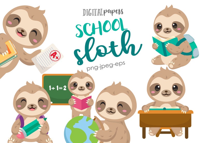School Sloth Clipart: Back to School Vector Graphics (digital Download ...