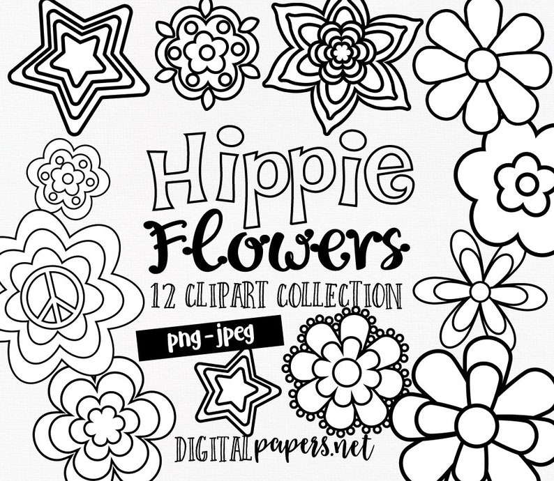 Hippie Flowers Clipart Digital Stamps Groovy Flowers Retro - Etsy