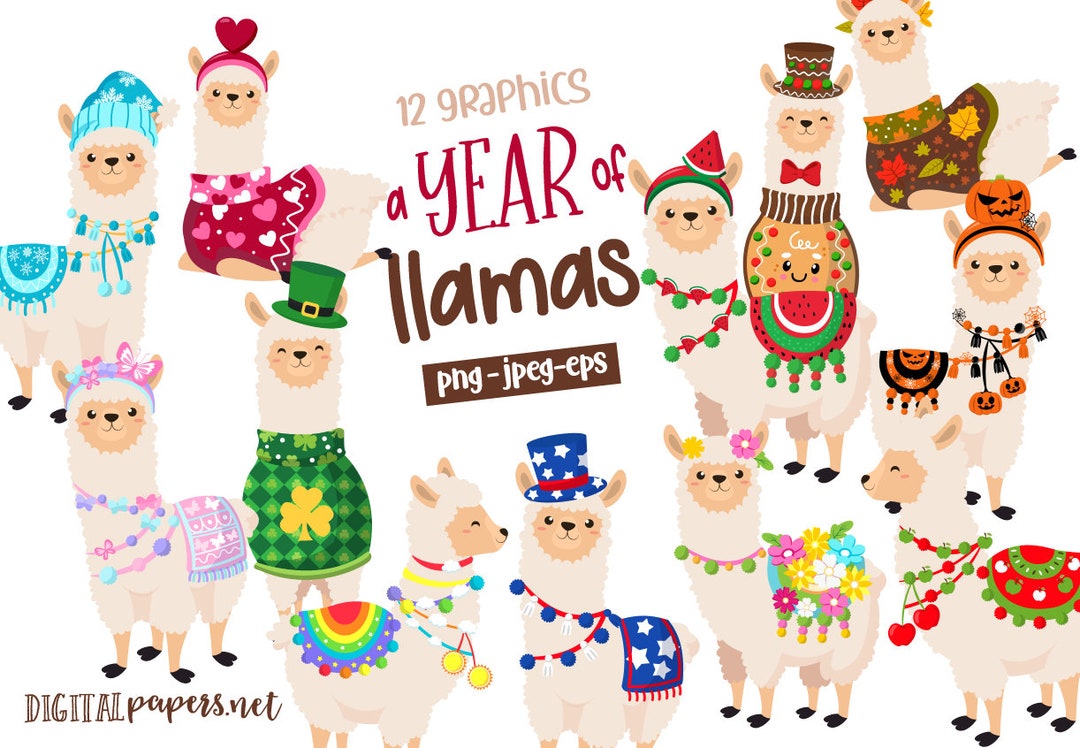 A Year of Llamas Clipart, Valentines Day, St Patricks, Spring, Summer ...