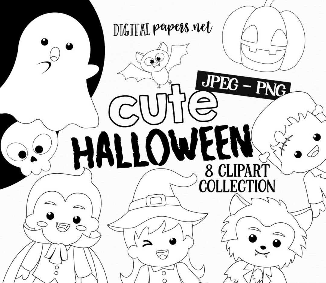 Halloween Cute Clipart Digital Stamps, Black Lines, Halloween Birthday ...