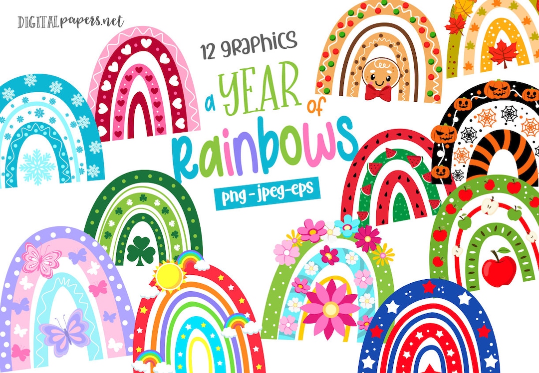 A Year of Rainbows Clipart, Valentines, St Patricks, Spring, Summer ...