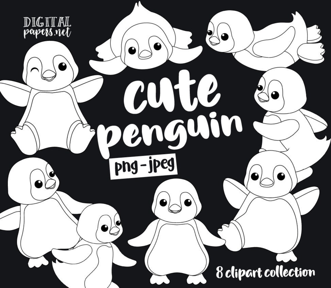Penguin Clipart Outlines: Winter Animals PNG (instant Download) - Etsy